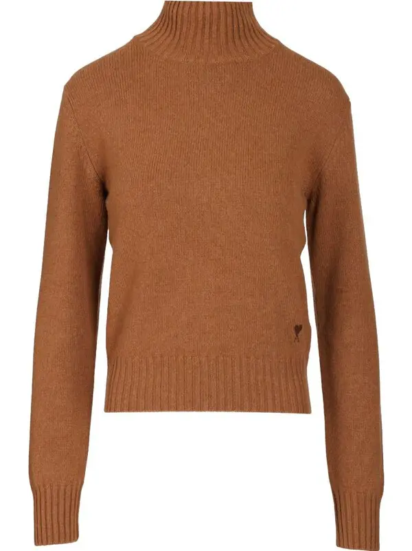 Ami Turtleneck Sweater With Logo Detail - Brown