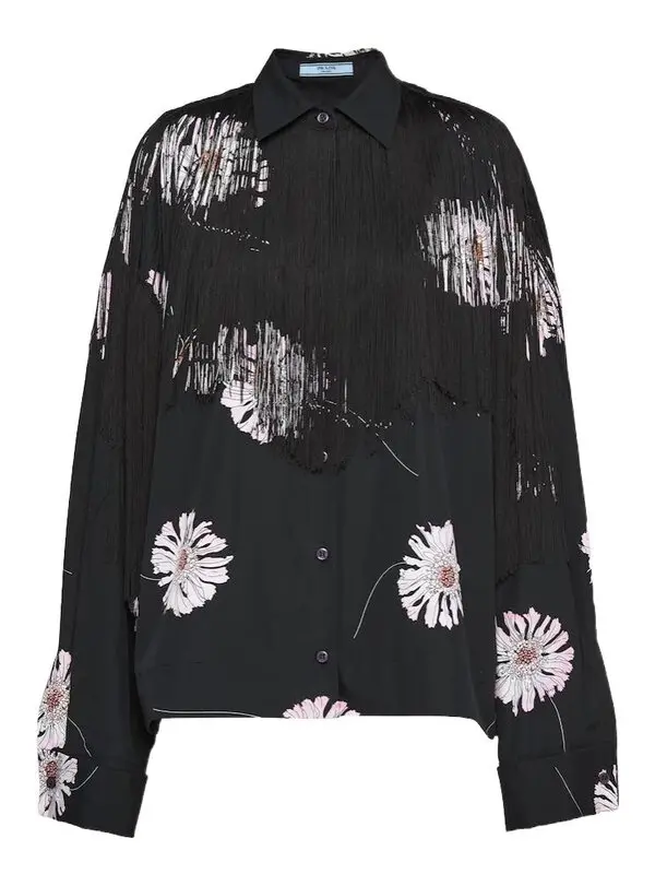 Prada Rose-printed Long-sleeved Fringed Shirt - Pink