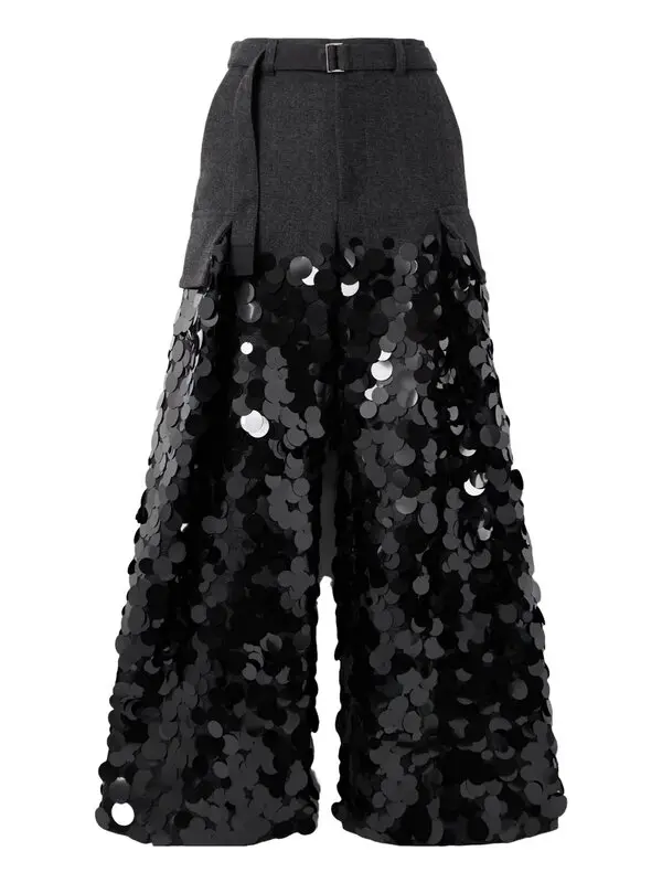 Sacai Sequined Wide-leg Cargo Pants - Black