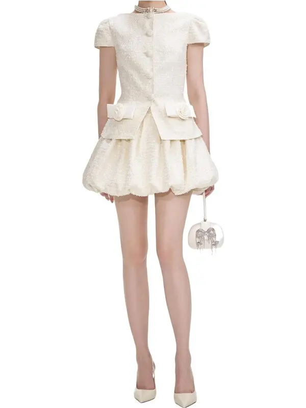 SELF-PORTRAIT Boucle Bow Detail Mini Dress - Cream