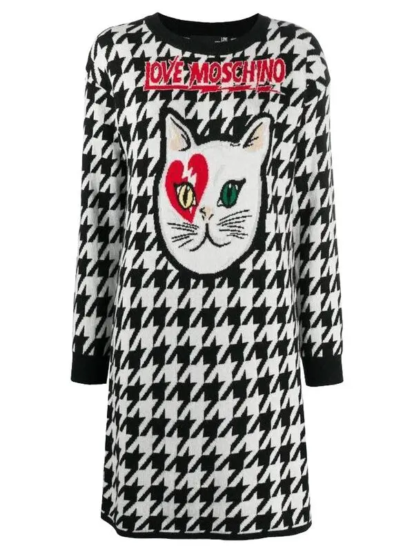 Moschino Jacquard Knit Dress With Cat Motif - Black