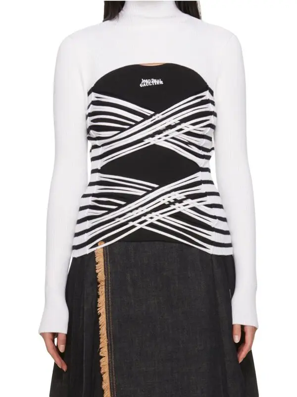 JEAN PAUL GAULTIER Striped Ribbed Turtleneck Top - Black