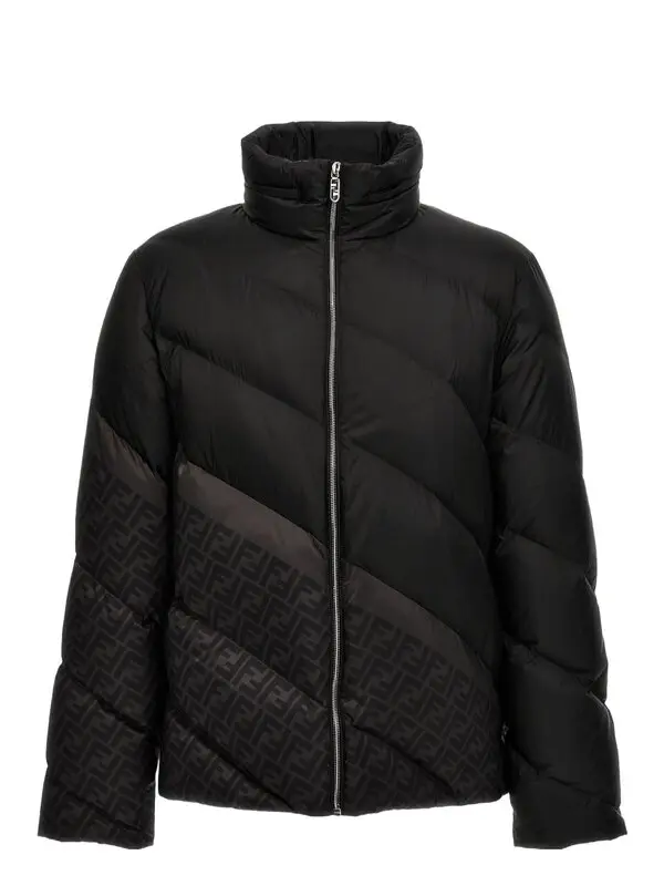 Fendi Quilted Nylon Down Jacket With Diagonal Logo Print - Black