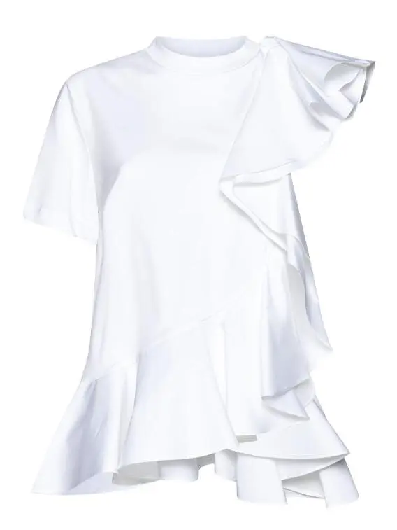 Alexander McQueen Asymmetrical Ruffle Crewneck Top - White