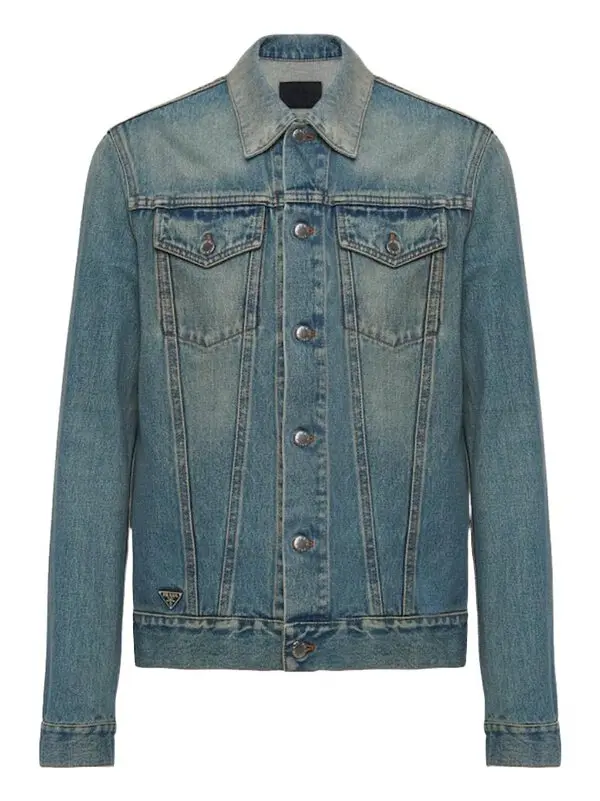 Prada Enamelled Tag Detailed Denim Jacket - Light Blue