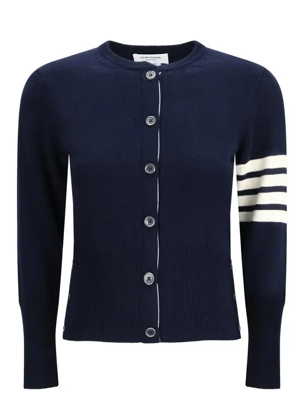 Thom Browne 4-bar Knitted Cardigan With Dog Embroidery - Navy Blue