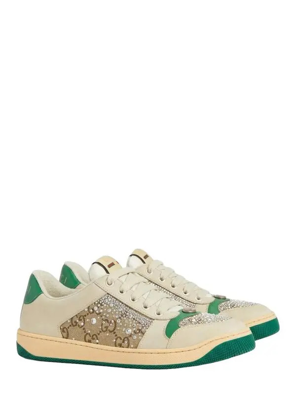 Gucci Screener Embellished Trainers - Ivory White/beige And Dark Brown