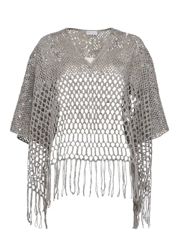 Brunello Cucinelli Monili Chain Open-knit Top With Tassel Trim - Gray