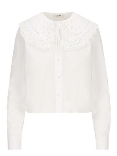 Celine Cropped Romy Shirt In Cotton Poplin With Lace Details - White