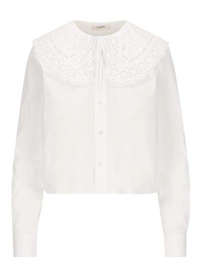 Celine Cropped Romy Shirt In Cotton Poplin With Lace Details - White