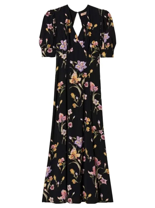 TWINSET Floral Printed V-neck Maxi Dress - Multicolored/black