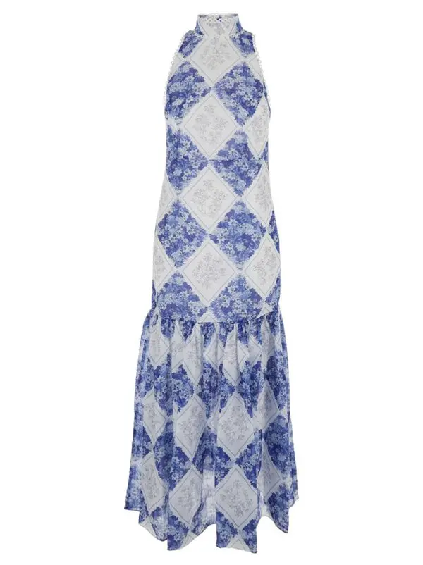 TWINSET Floral Print Long Ramie Dress - Blue