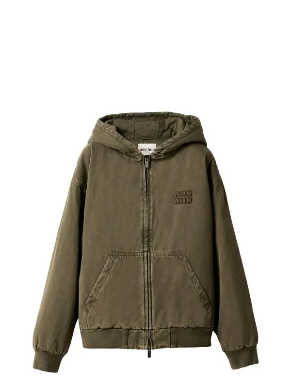 Miu Miu Logo Detailed Zip-up Hoodie - Olive Green