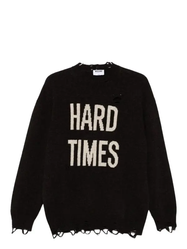 Moschino Distressed Crew Neck Sweater With 'hard Times' Graphic - Black