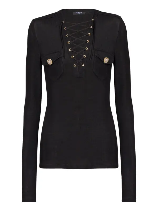 Balmain Long-sleeved Lace-up Top - Black