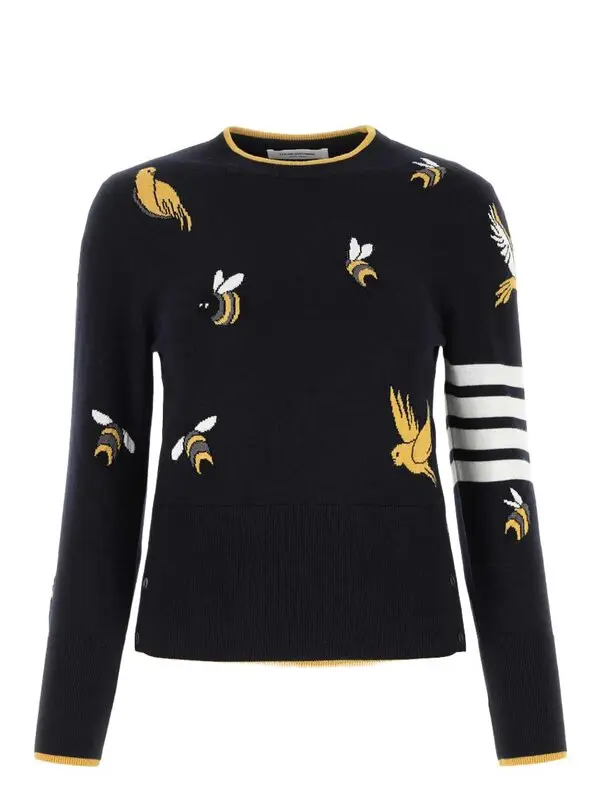 Thom Browne Animal Embroidered Crew Neck Jumper With Button Detail - Navy Blue