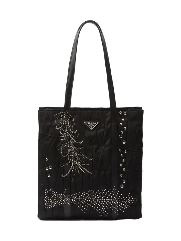 Prada Medium Re-nylon Patchwork Tote Bag With Embroidery And Studs - Black