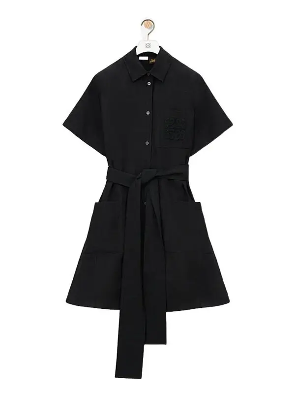 Loewe Viscose And Linen Shirt Dress With Belt And Patch Pockets - Black