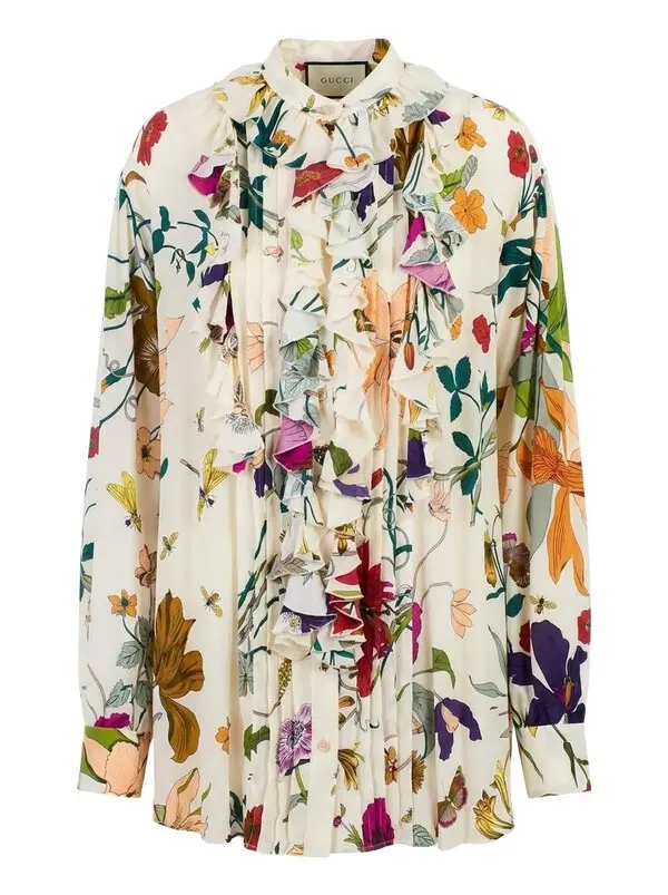 Gucci Ruffle Trim Floral Print Shirt - White
