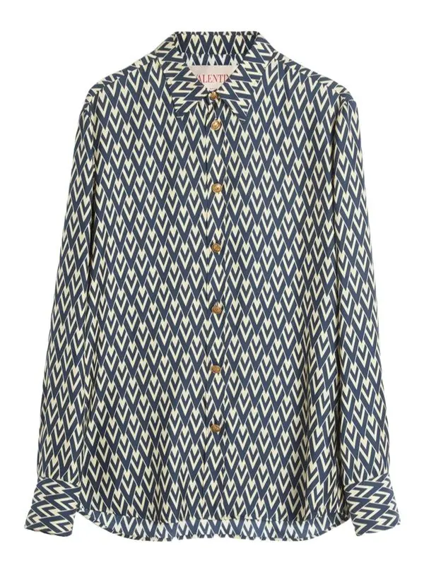 Valentino Garavani Curved Hem Button-up Shirt - Navy Blue/cream
