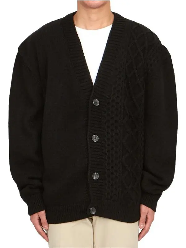 FAMILY FIRST V-neck Long-sleeve Sweater With Ribbed And Cable Knit Details - Black