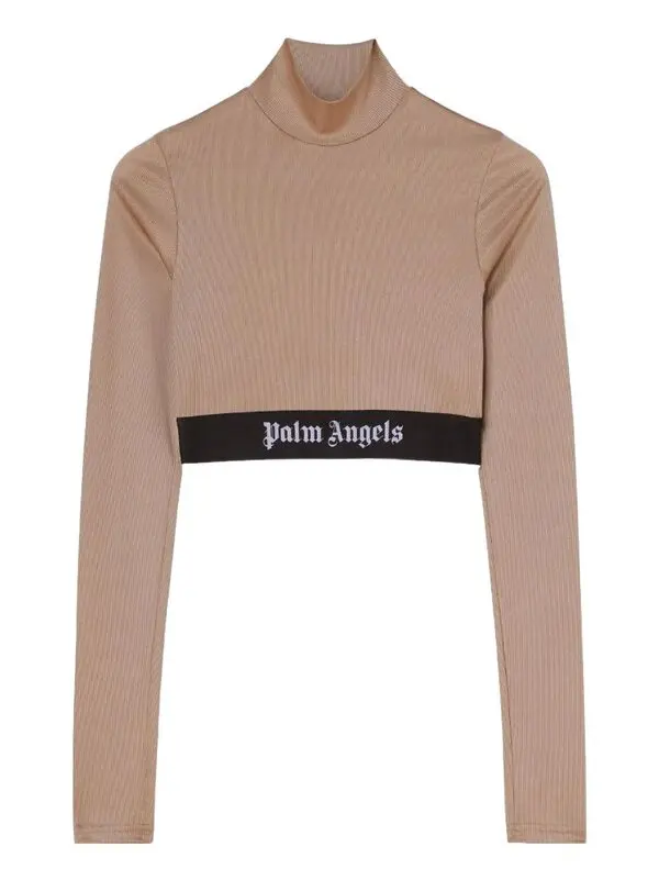 Palm Angels Ribbed Cropped Long Sleeve T-shirt With Logo Waistband - Nude