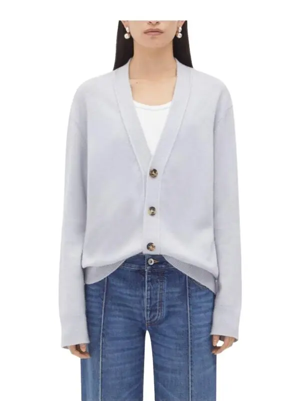 Bottega Veneta Relaxed Fit Cardigan With Intreciato Leather Patch Details - White