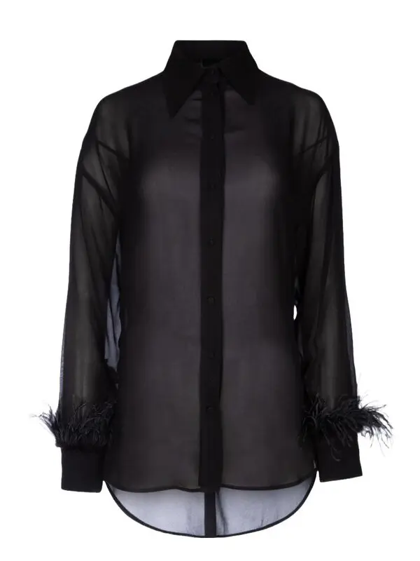 Pinko Semi-sheer Long-sleeved Georgette Shirt With Feather Detail - Black