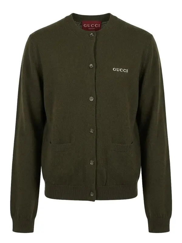 Gucci Cashmere Silk Cardigan With Intarsia Logo - Forest Green