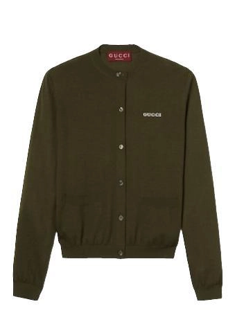 Gucci Cashmere Silk Cardigan With Intarsia Logo - Forest Green