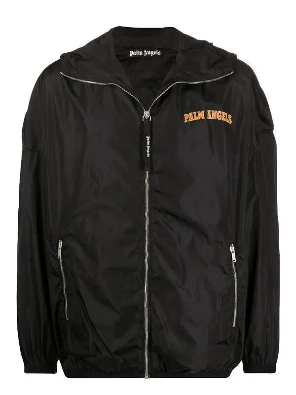 Palm Angels Logo Print Hooded Lightweight Jacket - Black