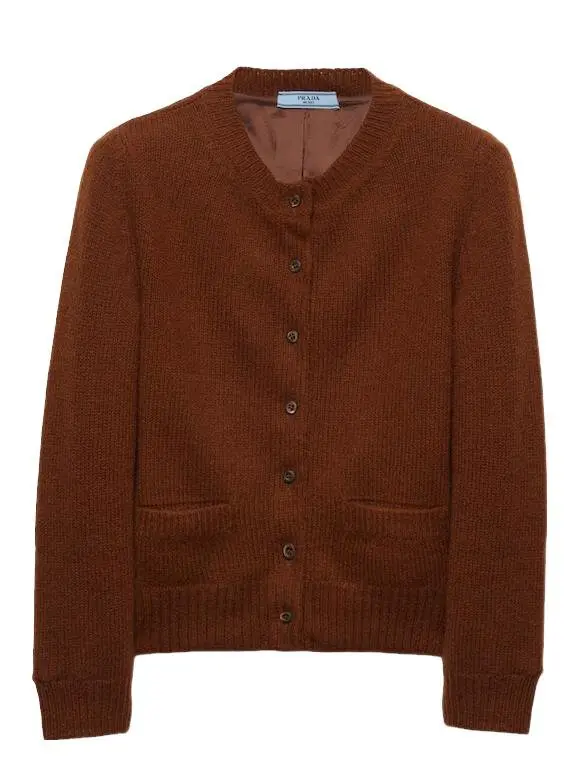 Prada Ribbed Knit Cardigan With Logo - Tobacco Color