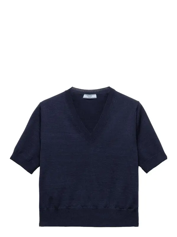 Prada V-neck Fine Knit Short Sleeve Sweater - Blue