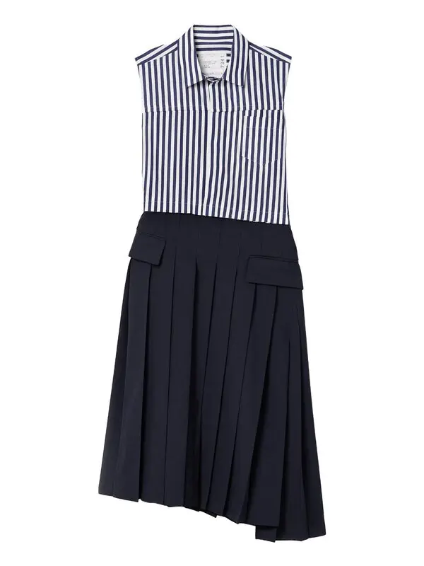 Sacai Striped Asymmetrical Pleated Dress - Navy Blue/white