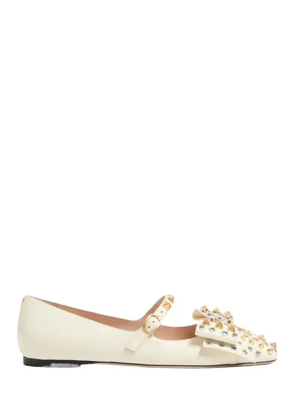 Valentino Garavani Mary Jane Bow Ballerina Flats In Kidskin With Stud Embellishments - Ivory White