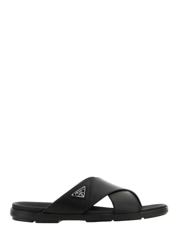 Prada Triangle Logo Slip-on Sandals - Black