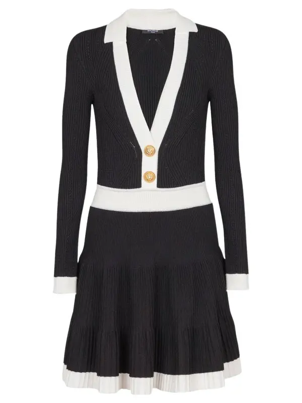 Balmain V-neck Pleated Knit Dress - Black