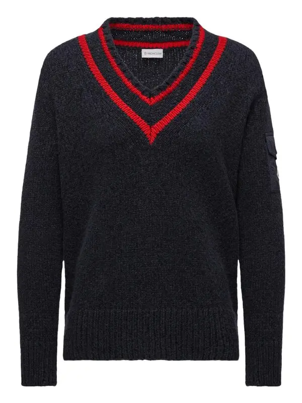 Moncler V-neck Long Sleeve Sweater With Pocket Detail - Navy Blue