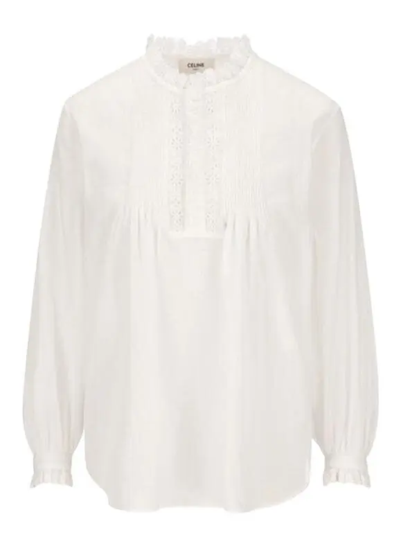 Celine Long Sleeve Lace Trim Shirt - White