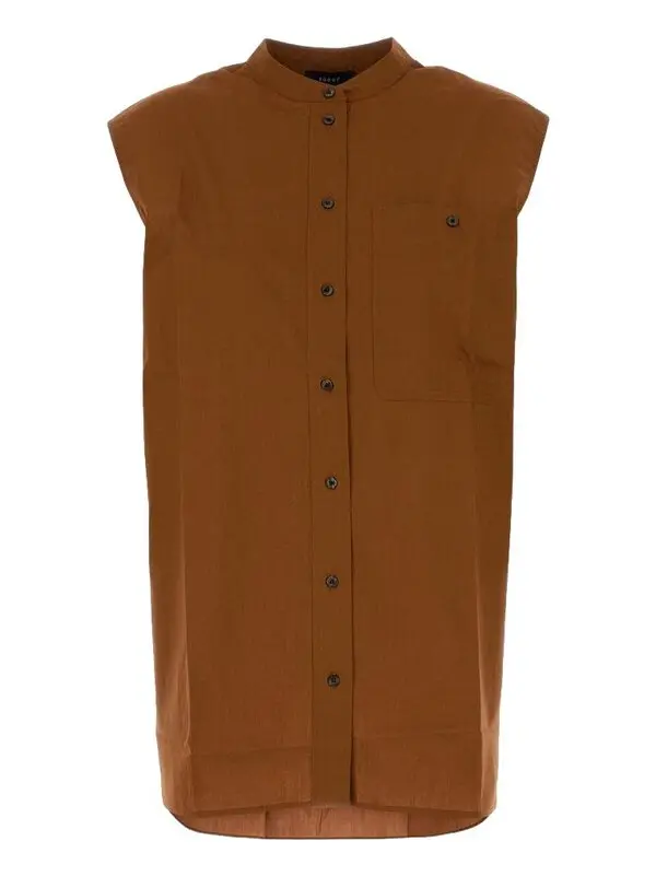 Soeur Sleeveless Mandarin Collar Button-up Top With Chest Pocket And Side Slits - Brown