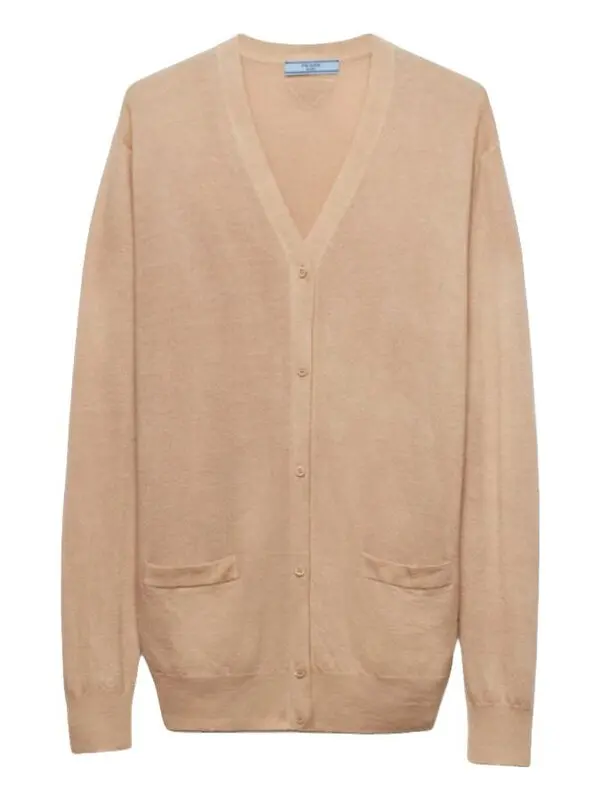 Prada V-neck Cardigan With Triangle Logo - Snow White