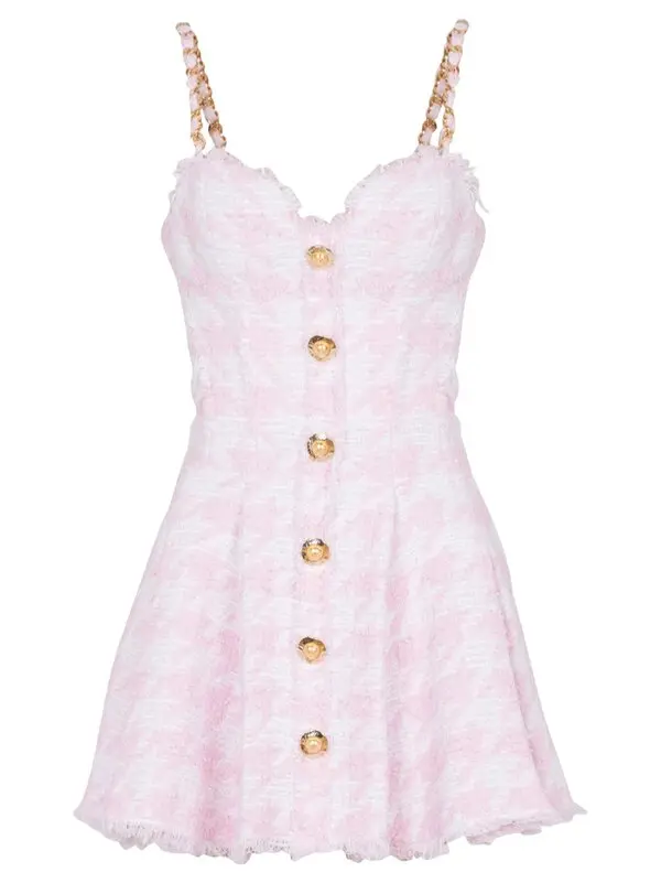 Balmain Strappy Houndstooth Tweed A-line Mini Dress - Pink
