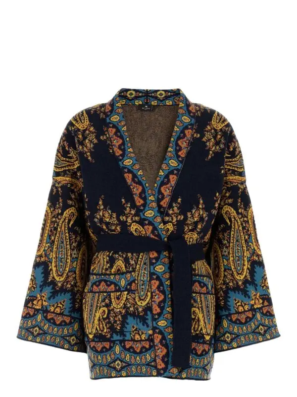 Etro Belted Cape With V-neck And Tie Detail - Black
