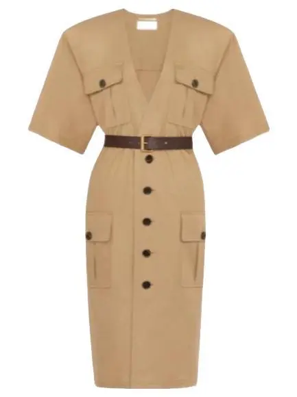 Saint Laurent Saharienne V-neck Short-sleeved Dress - Beige