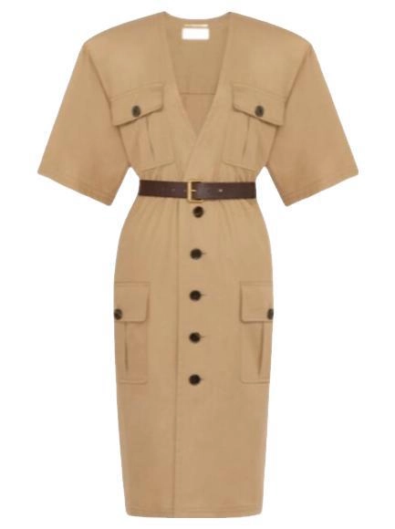 Saint Laurent Saharienne V-neck Short-sleeved Dress - Beige