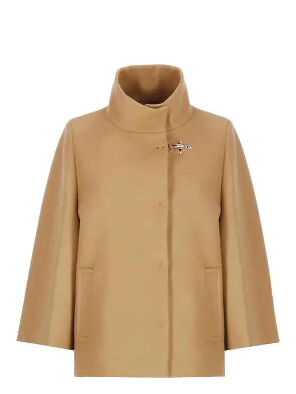 FAY Felted Coat With High Neck And 3/4 Sleeves - Beige