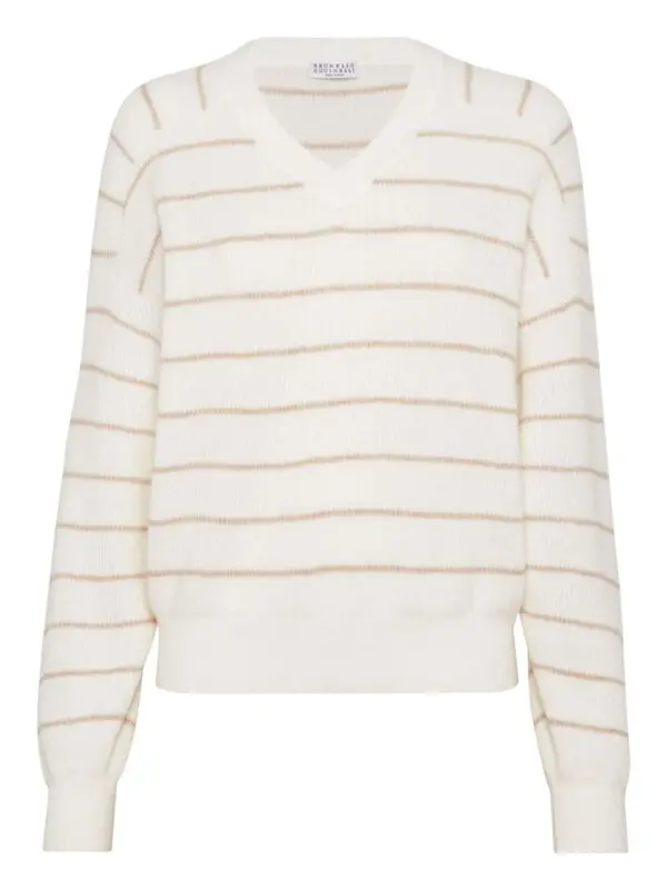 Brunello Cucinelli Striped Ribbed V-neck Sweater - Off-white