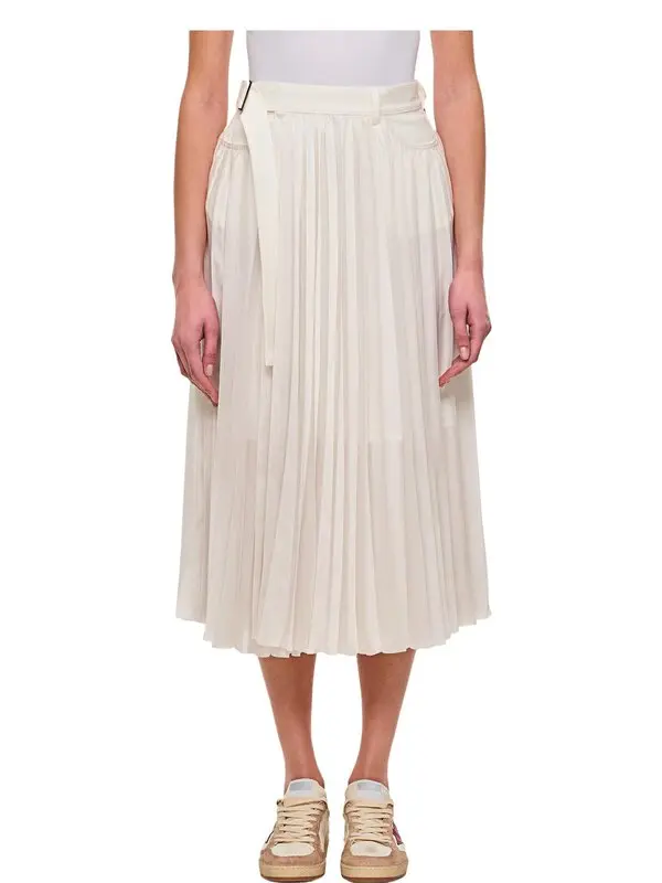 Sacai Pleated Midi Skirt With Belt - White