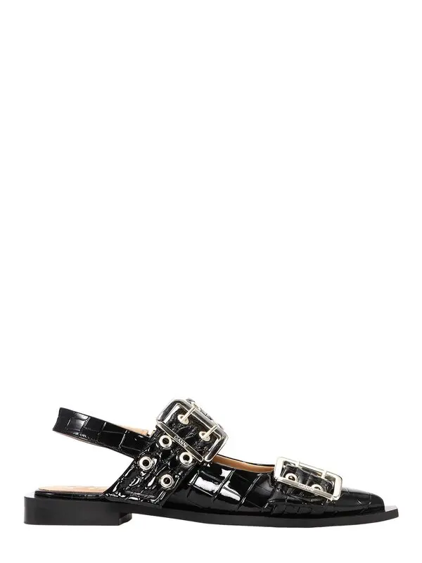 GANNI Embossed Patent Feminine Buckle Ballerinas - Black