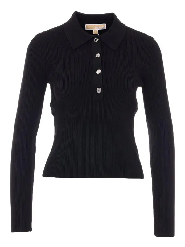 Michael Kors Ribbed Knit Long Sleeve Polo Shirt - Black